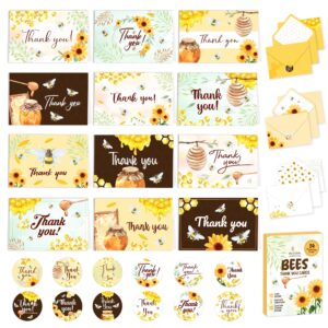 decorably thank you cards with envelopes & stickers - 24 pack honey bee thank you cards with envelopes & stickers, blank inside bee note cards, 6x4in bee notecards, bee cards with envelopes