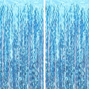 wavy tinsel foil fringe curtain photo booth props for mermaid birthday under the sea party decorations (2 pack 3.2 ft x 6.6 ft teal blue)