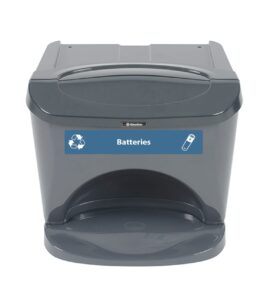 glasdon nexus stack 8g battery recycling bin (dark gray, blue battery recycling decals) – compact 8-gallon stackable battery recycle containers – 1 x 8-gallon multi-waste battery bin