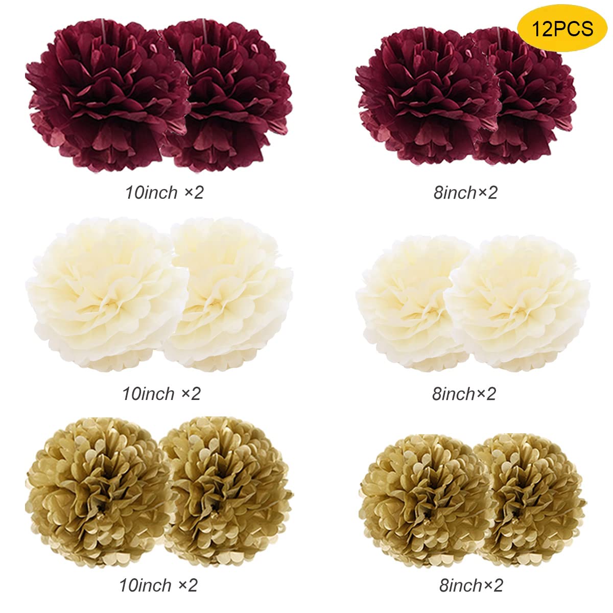 Decorations 2024 Maroon Graduation/Burgundy Gold Cream Birthday Decorations for Women 40th/50th Birthday 12pcs Tissue Paper Pom Poms Maroon Burgundy Gold Wedding/Bridal Shower Retirement Decorations