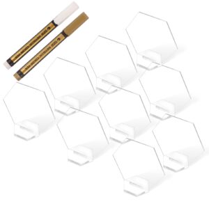 10 set acrylic table card with holders & 2 markers,clear hexagon table number sign holders wedding seating place cards with base blank diy table name cards for banquet,photos and office menu meeting