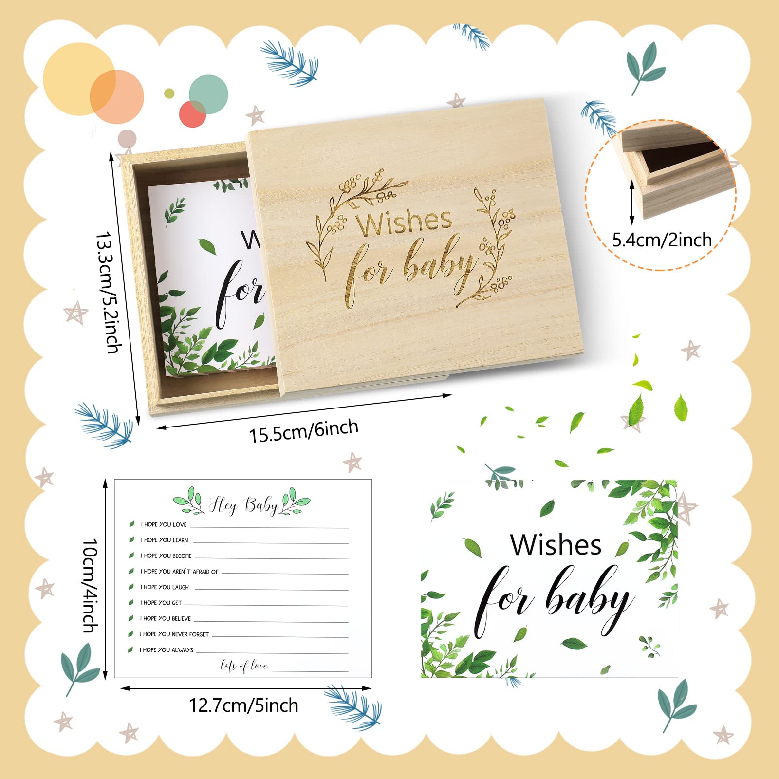 Set of 50 Botanical Baby Shower Advice Cards and Wooden Keepsake Box, Greenery Baby Advice Cards for Baby Shower Double Sided Advice and Wishes Cards for Boys Girls Baby Showers Wedding Gender Reveal