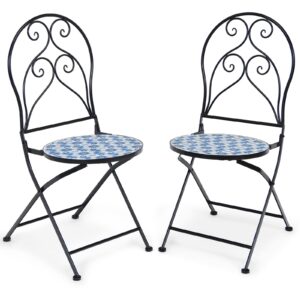 giantex 2 pieces folding bistro chairs, mosaic patio chairs with ceramic tiles seat and exquisite floral pattern, outdoor dining chairs for deck, garden and backyard (blue & black)