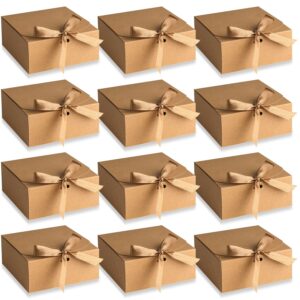 aiex 12 pcs gift boxes with lids, 4.5" x4.5"x2" present boxes square gift box with champagne wrap ribbons, gift wrap boxes for birthday wedding party christmas chocolate candy (brown)