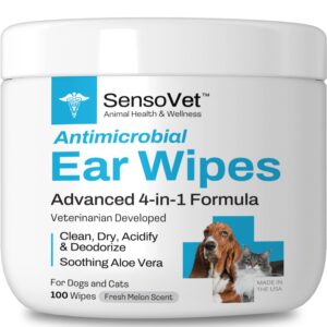 sensovet 4-in-1 ear wipes for dogs & cats: quick-clean formula with aloe vera – deodorizes, acidifies & dries – alcohol & sting-free – promotes healthy ears