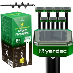 yardec gopher repellent ultrasonic solar powered (8-pack) - easy to use solar mole repellent ultrasonic with an auger drill bit - ip65 waterproof sonic repeller stakes for groundhog, vole, snake, etc.