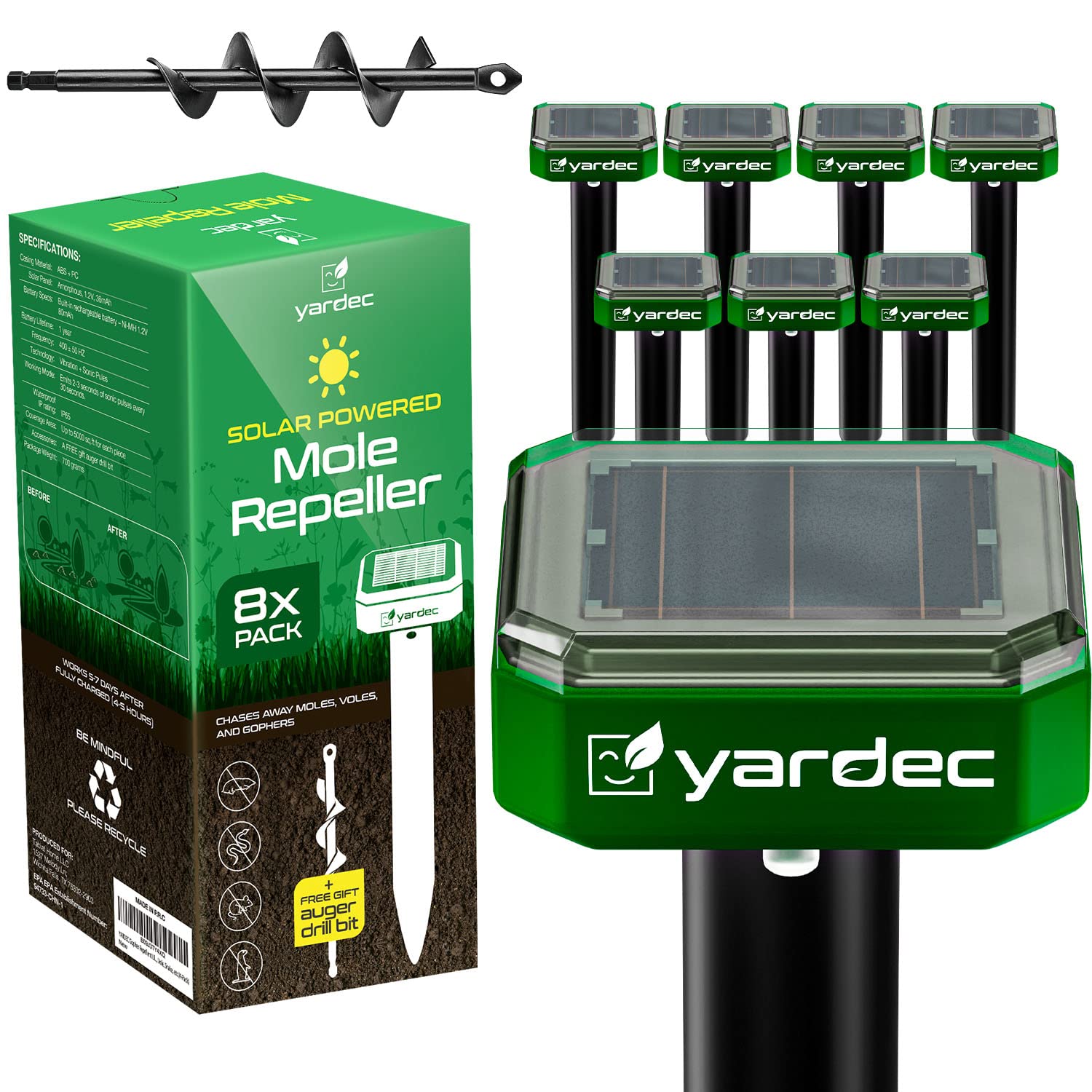 YARDEC Gopher Repellent Ultrasonic Solar Powered (8-Pack) - Easy To Use Solar Mole Repellent Ultrasonic With an Auger Drill Bit - IP65 Waterproof Sonic Repeller Stakes For Groundhog, Vole, Snake, etc.