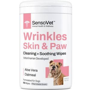 sensovet wrinkles, skin & paw grooming wipes for dogs - natural aloe vera & oatmeal (60 large wipes)