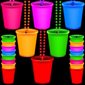 sureio 12 pieces glow in the dark necklace shot glass necklaces glowing neon beaded necklace light up cup shaped for weddings bbq beach holidays birthday bachelorette neon party supplies, 6 colors