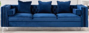 legend furniture velvet big comfy couch living room square arm chesterfield 3seats sofas, 104'', blue