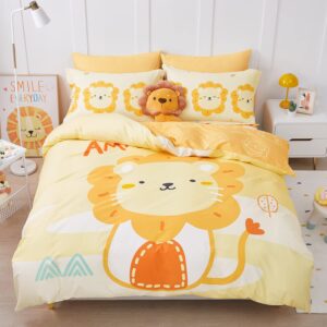 saphreas lion kids duvet cover set twin size 4pcs with fitted sheet yellow cute animal cartoon pattern comforter cover set 100% cotton quilt cover 1pc fitted sheet 1pc pillow shams 2pcs(no comforter)