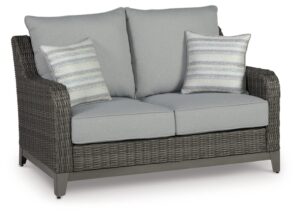 signature design by ashley outdoor elite park patio wicker loveseat with cushion, gray