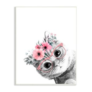 stupell industries pink flower crown cat glasses monochrome simple, design by annalisa latella, 10 x 15, white