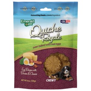 emerald pet quiche royale premium training dog treats — healthy and tasty natural dog chews made with real eggs — limited ingredient dog treats made in the usa — bacon & cheese treats, 6 oz