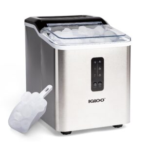 igloo automatic ice maker, self- cleaning, countertop size, 26 pounds in 24 hours, cubes 7 minutes, led control panel, scoop included, perfect for water bottles, mixed drinks, stainless steel