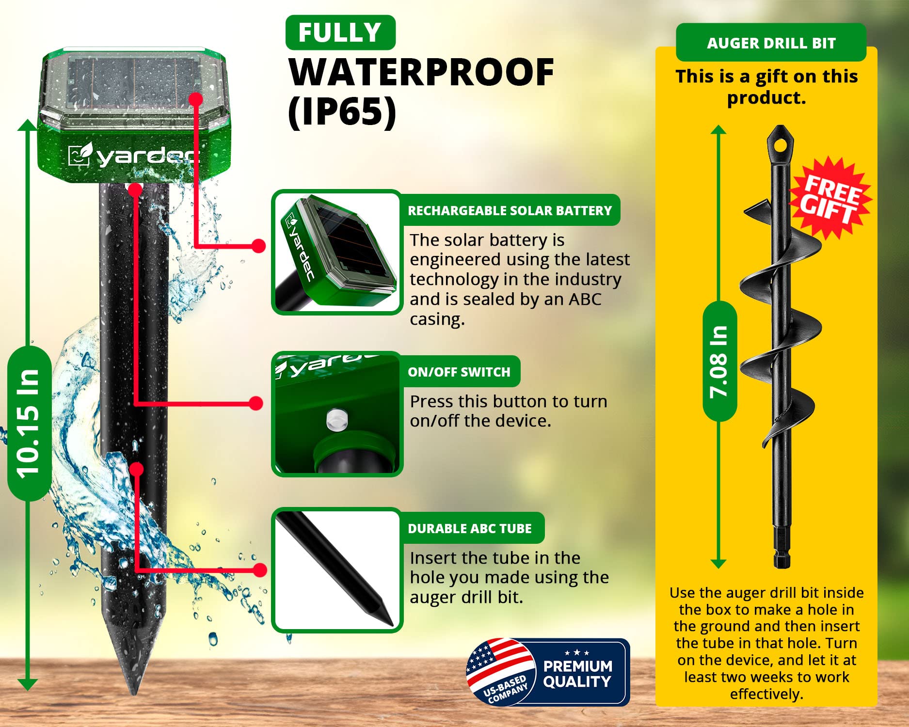 YARDEC Gopher Repellent Ultrasonic Solar Powered (8-Pack) - Easy To Use Solar Mole Repellent Ultrasonic With an Auger Drill Bit - IP65 Waterproof Sonic Repeller Stakes For Groundhog, Vole, Snake, etc.