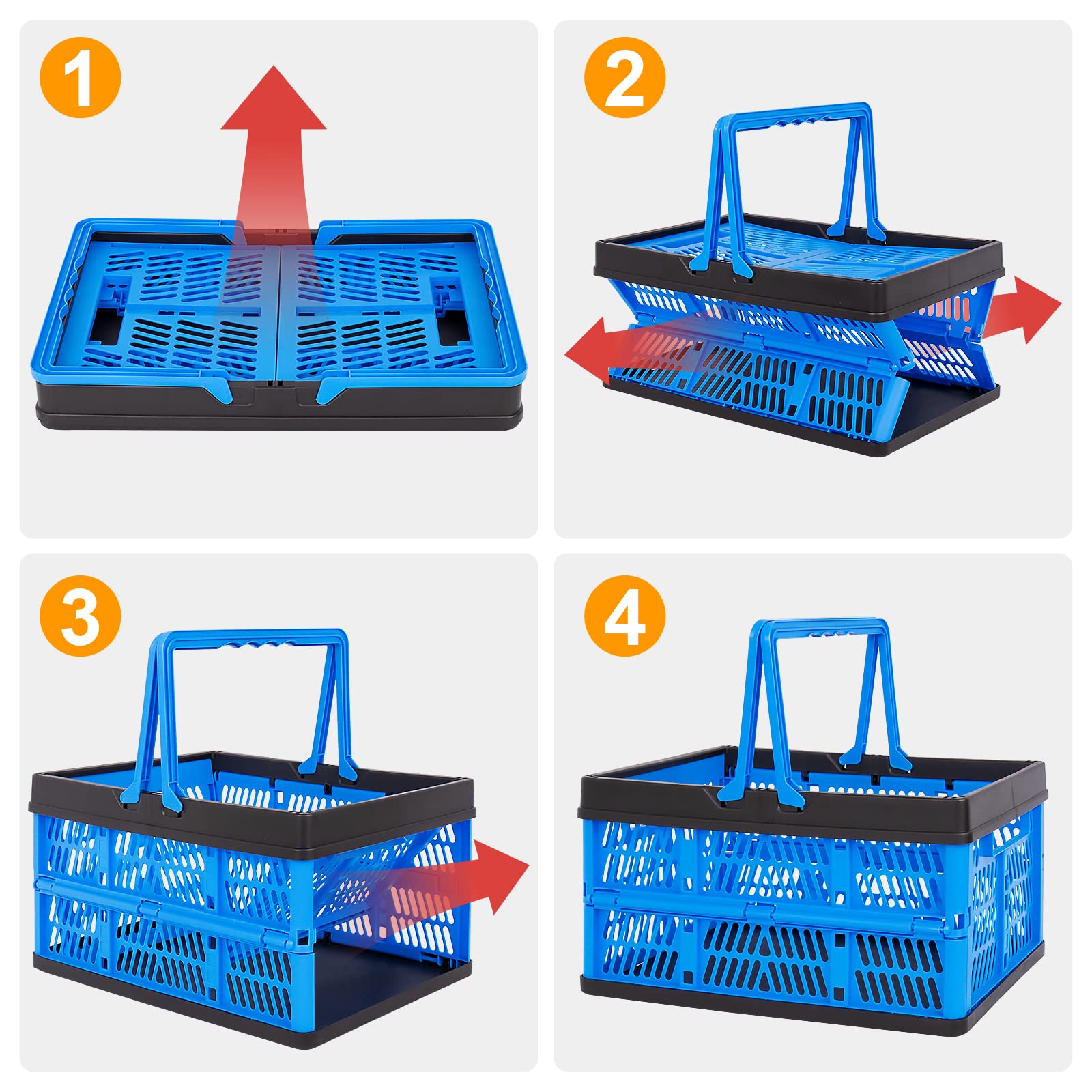 TeukRiGa 3 Packs 20L Collapsible Shopping Basket With Handle, Collapsible Reusable Plastic Basket, Foldable Storage Crates