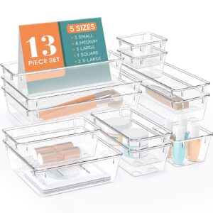 wowbox 13 pcs clear plastic drawer organizer set, 5 sizes desk drawer divider organizers and storage bins for makeup, jewelry, gadgets for kitchen, bedroom, bathroom, office