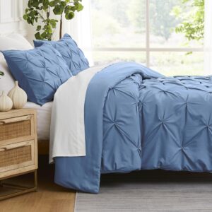 southshore fine living, inc. pinch pleated pinktuck duvet cover bedding set with zipper and corner ties, soft cozy bedspread 2-piece with one matching sham, coronet blue, twin/twin xl