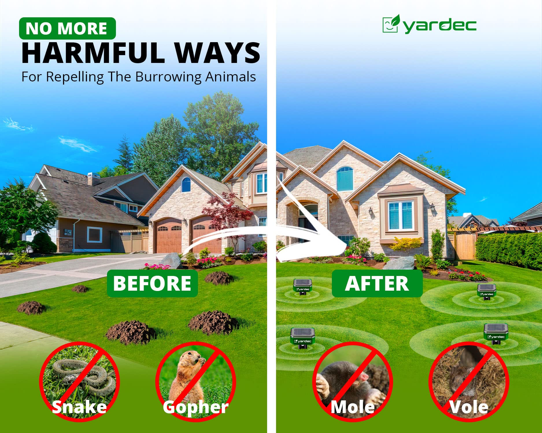 YARDEC Gopher Repellent Ultrasonic Solar Powered (8-Pack) - Easy To Use Solar Mole Repellent Ultrasonic With an Auger Drill Bit - IP65 Waterproof Sonic Repeller Stakes For Groundhog, Vole, Snake, etc.