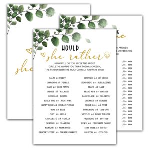 bridal shower games - greenery engagement party game cards for wedding, bachelorette party - bridal shower decorations - would she rather - 30 cards(003)