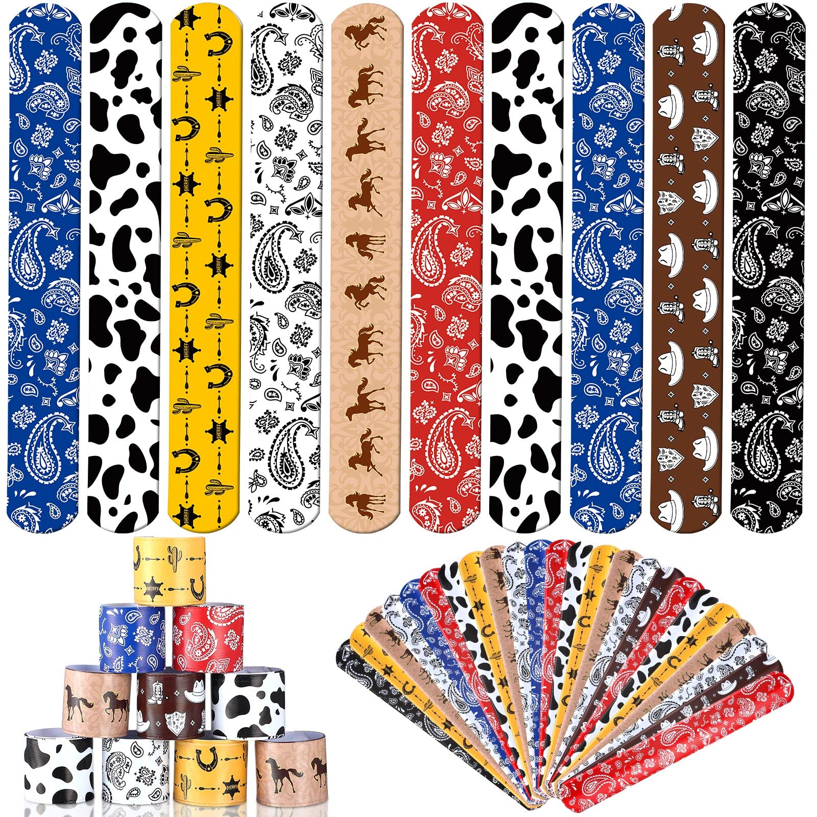 48 Pack Western Party Slap Bracelets Cowboy Cowgirl Bracelets Horse Wristbands for Western Themed Parties Kids Birthday Party Favors Supplies Decorations, 8 Styles