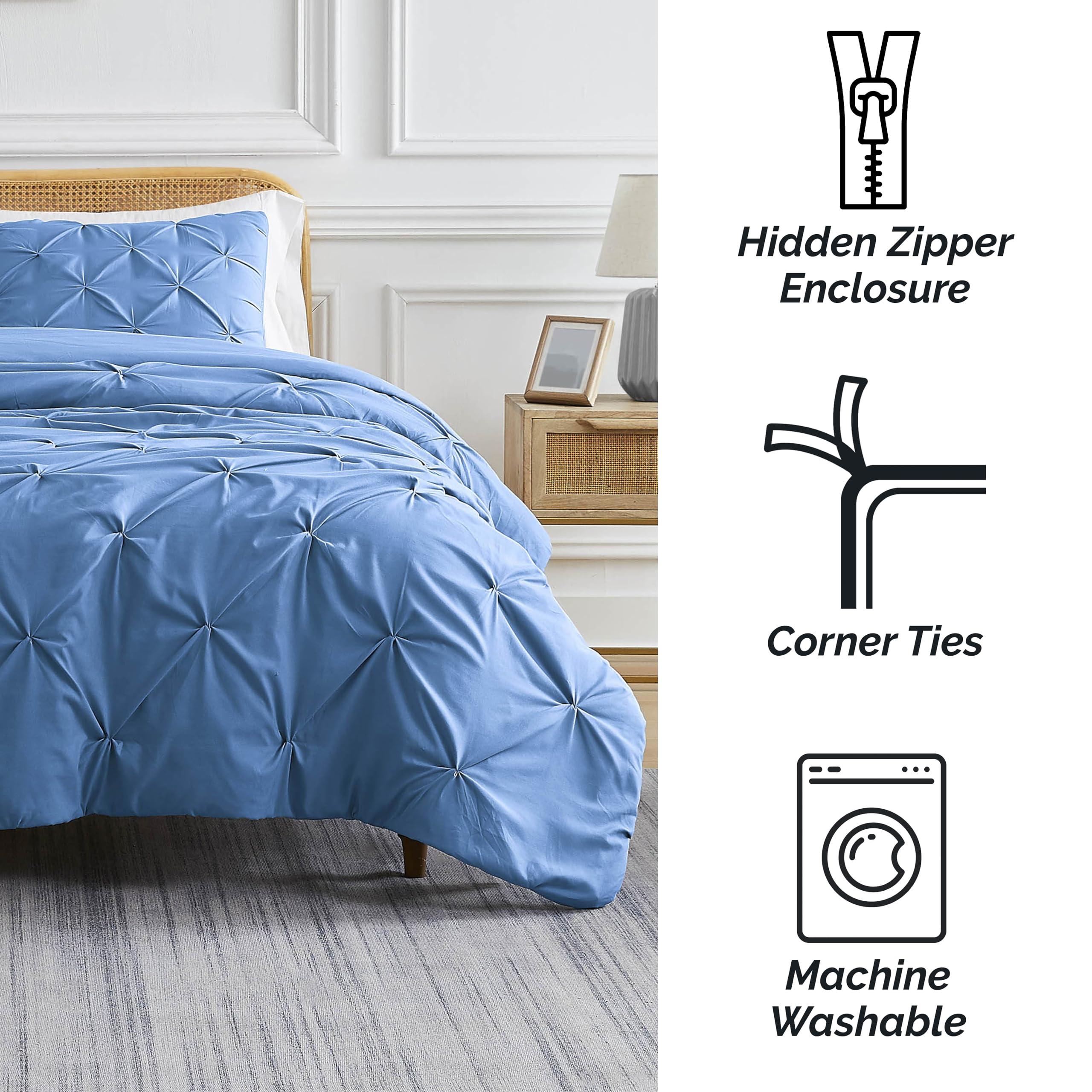 Southshore Fine Living, Inc. Pinch Pleated Pinktuck Duvet Cover Bedding Set with Zipper and Corner Ties, Soft Cozy Bedspread 2-Piece with one Matching sham, Coronet Blue, Twin/Twin XL