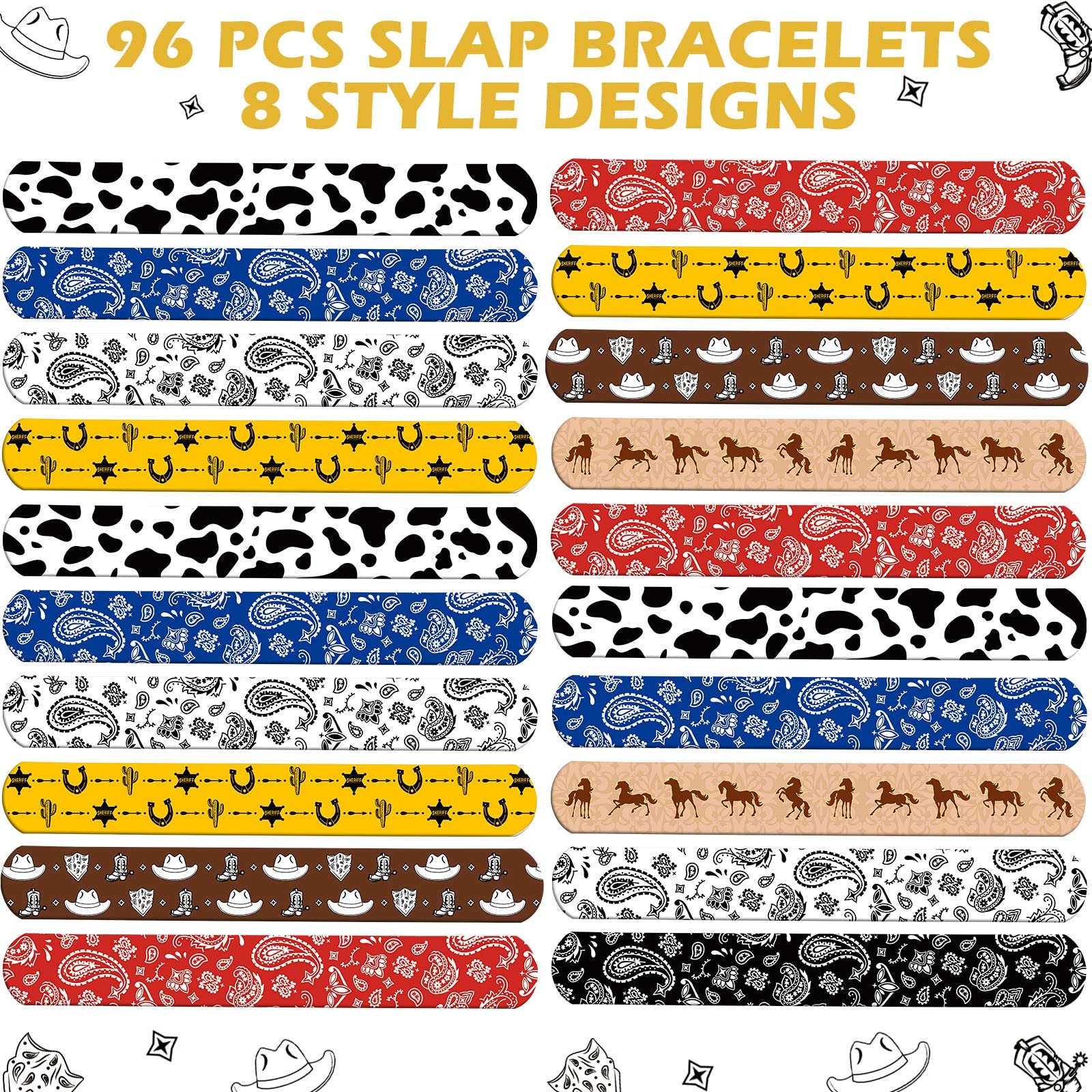 48 Pack Western Party Slap Bracelets Cowboy Cowgirl Bracelets Horse Wristbands for Western Themed Parties Kids Birthday Party Favors Supplies Decorations, 8 Styles