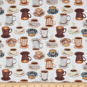 windham fabrics whistler studios coffee connoisseur mug collection fabric, cream