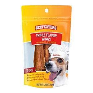 beefeaters dog treats - triple flavor wings 1.48oz case of 12 | rawhide dog treats wrapped with real chicken | promotes dental health | dog food long-lasting chew | training treats for all dog sizes