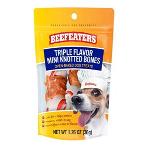 beefeaters dog treats- triple flavor mini knotted bones 1.26oz, case of 12 | dog food high protein with real chicken | no artificial flavors/colors | training treats for all dog sizes