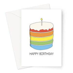 happy birthgay greeting card | rainbow cake gay birthday card for gay man, lesbian women, bisexual, lgbtq+ birthday cards, gay pride