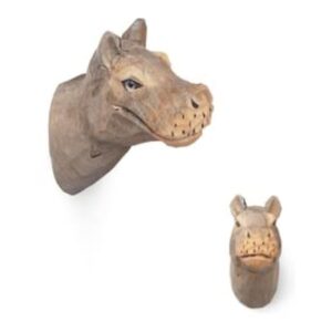 magic wood 2pcs natural wooden hooks animal head creative wall mounted art décor hat coat towel hanger gift (hippo)