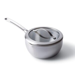 greenpan x food 52 five-two essentials, tri-ply stainless steel 2.7qt saucepan pot with strainer lid, pfas-free, multi clad, induction, dishwasher safe, oven safe, silver