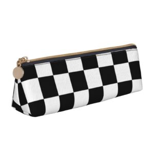 ykklima black white race checkered flag pattern leather pencil case zipper pen makeup cosmetic holder pouch stationery bag for school, work, office