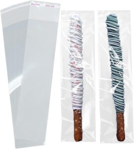 cellophane treat bags, 2x8 inch pretzel rod bags, 200 pcs clear cellophane bags for favors, self adhesive sealing plastic gift bags, pretzels individual bags, party cello bags for pretzel stick candy