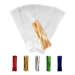 100pcs cellophane bags 3x11 inches, clear treat bags with 4’’ twist ties, plastic cello bags - 1.4 mils thick opp rice crispy bags for gift goodie favor candy cake pop birthday party cookies (3’’ x 11’’)