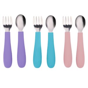 weesprout toddler utensils, 3 forks & 3 spoons, 18/8 stainless steel & food grade silicone, thick easy-grip handles, perfect length for new self feeders, gentle on gums & teeth, dishwasher safe