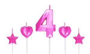 pink number 4 candles and star heart candles 2.76 inch number candles for birthday cakes 3d diamond shaped for cake decorations(pink candle 4)