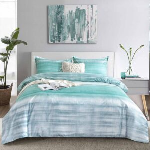 nanko king duvet cover set, grey and blue teal striped print pattern 3pc 104x90 microfiber comforter quilt bedding cover with zip ties - modern farmhouse styly for men and women teen, gray