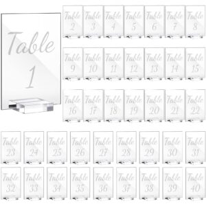 tuanse 40 pack white 4 x 6 inch acrylic wedding table number 1-40 clear wedding table stand with numbers calligraphy table number holders table signs for wedding reception centerpieces decorations