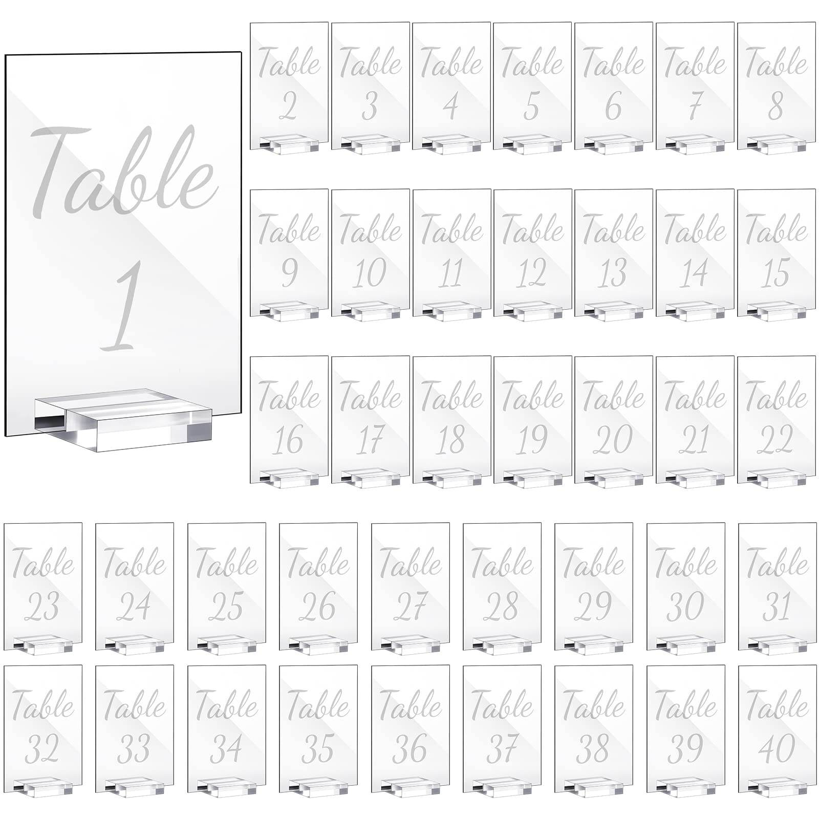 Tuanse 40 Pack White 4 x 6 Inch Acrylic Wedding Table Number 1-40 Clear Wedding Table Stand with Numbers Calligraphy Table Number Holders Table Signs for Wedding Reception Centerpieces Decorations