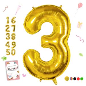 smlpuame 40 inch number balloon 0-9 gold large number 3 balloons,digital balloons for birthday party celebration decorations supplies, helium foil number balloons for wedding anniversary