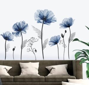 decalmile large blue flower wall decals floral plants wall stickers bedroom living room kitchen wall decor gifts for mom