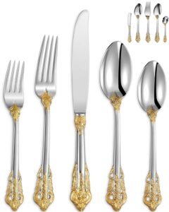 keawell luxury 45 pieces 18/10 stainless steel flatware set, service for 8, silver plated with gold accents, fine silverware set and dishwasher safe