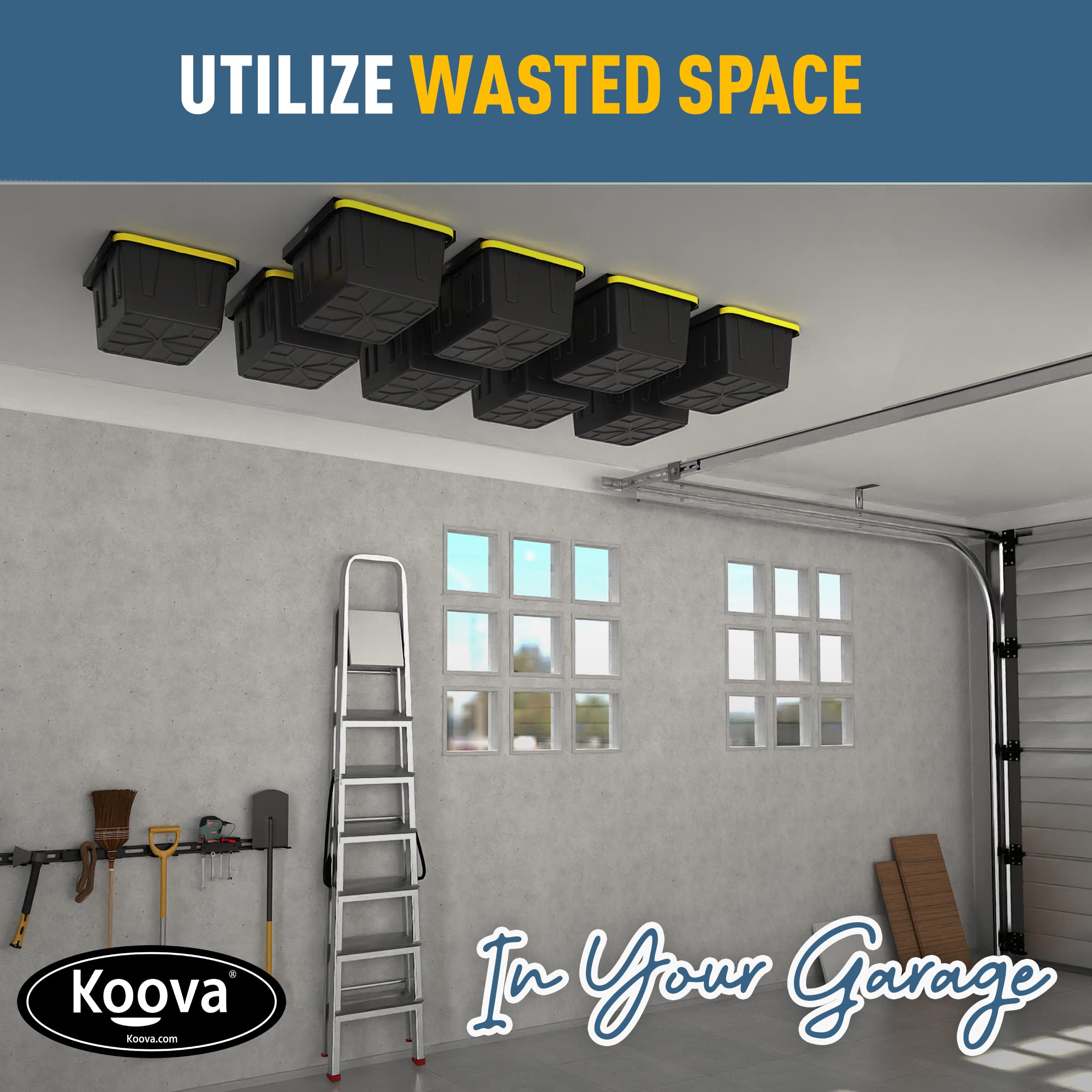 Koova Heavy-Duty Overhead Garage Storage Rack for 9 Bins. Adjustable Width, 360lb Capacity. DIY Safe Mount, Easy Install. Fits 27-Gallon Totes. USA Made Pro-Grade Steel. Space Saving Organizer