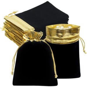 hrx package 10pcs velvet bags with drawstrings 5x7 inch, black gold cloth gift pouches baggies sacks for jewelry dice party favor