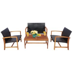 tangkula 4-piece pe rattan patio furniture set, outdoor conversation set with solid acacia wood, outdoor bistro set with 1 coffee table, 1 loveseat and 2 chairs for poolside, backyard and deck