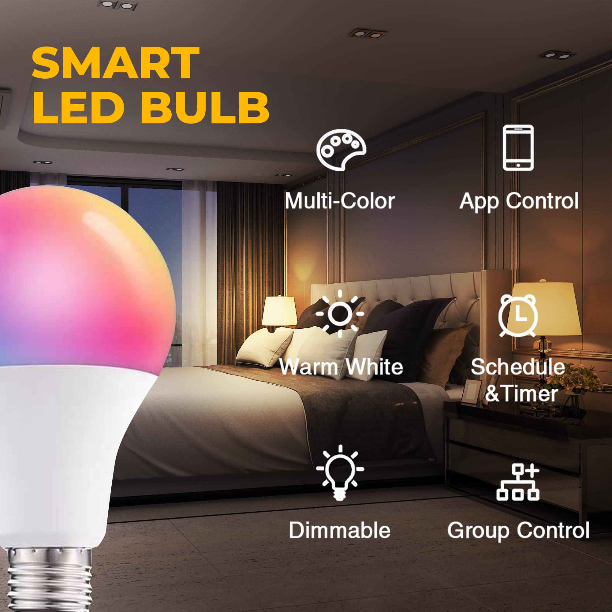 E26 Warm RGBW Color Changing RGB LED 10W 850LM with 16 Color Changing ModesBulb, Dimmabled Nursery Night Light with App for Kids and Adult, 5700k Temperature Night Lamp for Bedroom and Home Party 1PCS