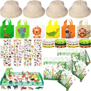 103 pcs safari animal kids zoo themed party supplies favor bulk included pith hat jungle animal plastic tablecloth tote bags silicone bracelet animal stickers mini animal figurines for kids birthday